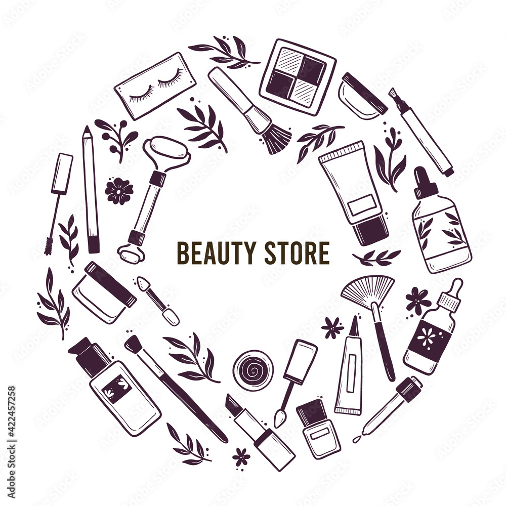 Hand drawn set of makeup beauty cosmetic elements, mascara, cream ...