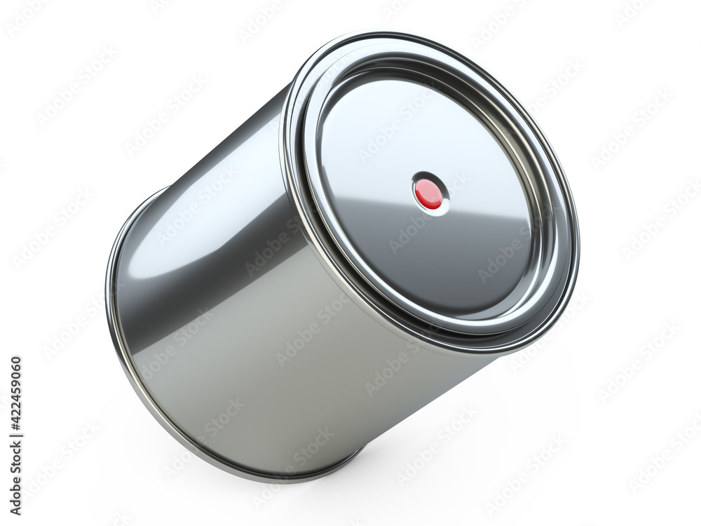 A closed steel paint can stands on its side and balances on the verge ...