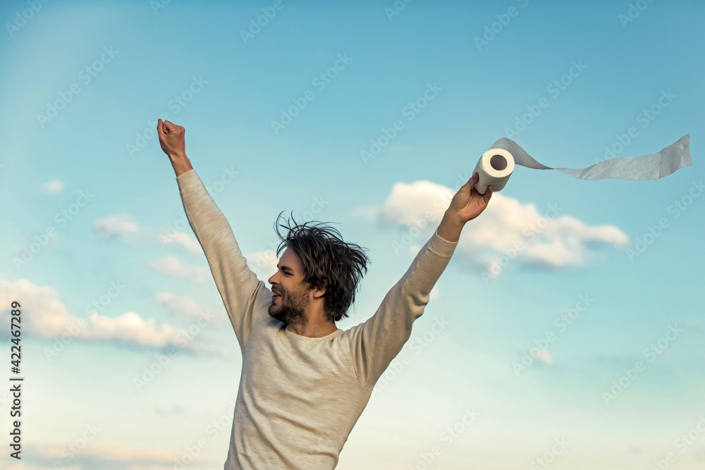 Quarantine end. Happy man in WC and restroom. Morning potency. Hygiene ...