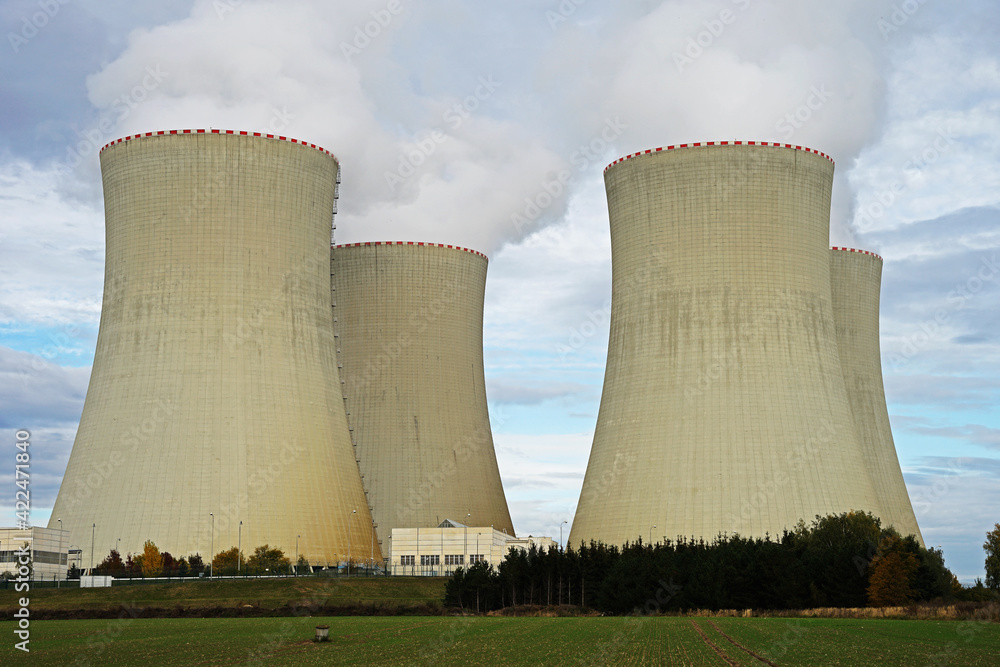 Temelin Nuclear power station plant with two atomic reactors and four ...