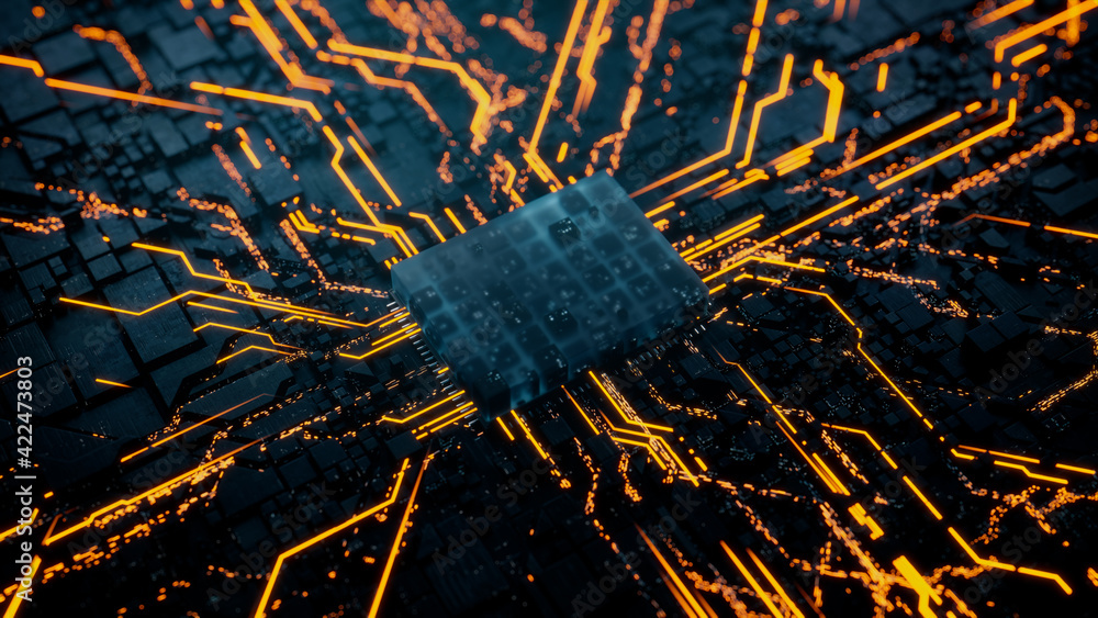 Advanced Technology Concept with Microchip. Orange Neon Data flows from ...