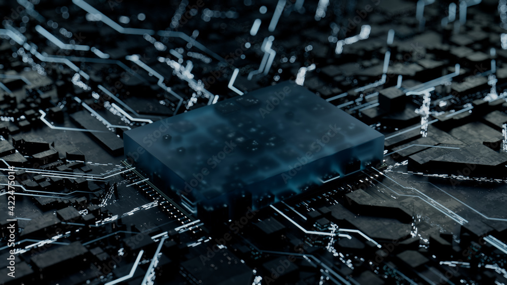 Advanced Technology Concept with Microchip. White Neon Data flows from ...