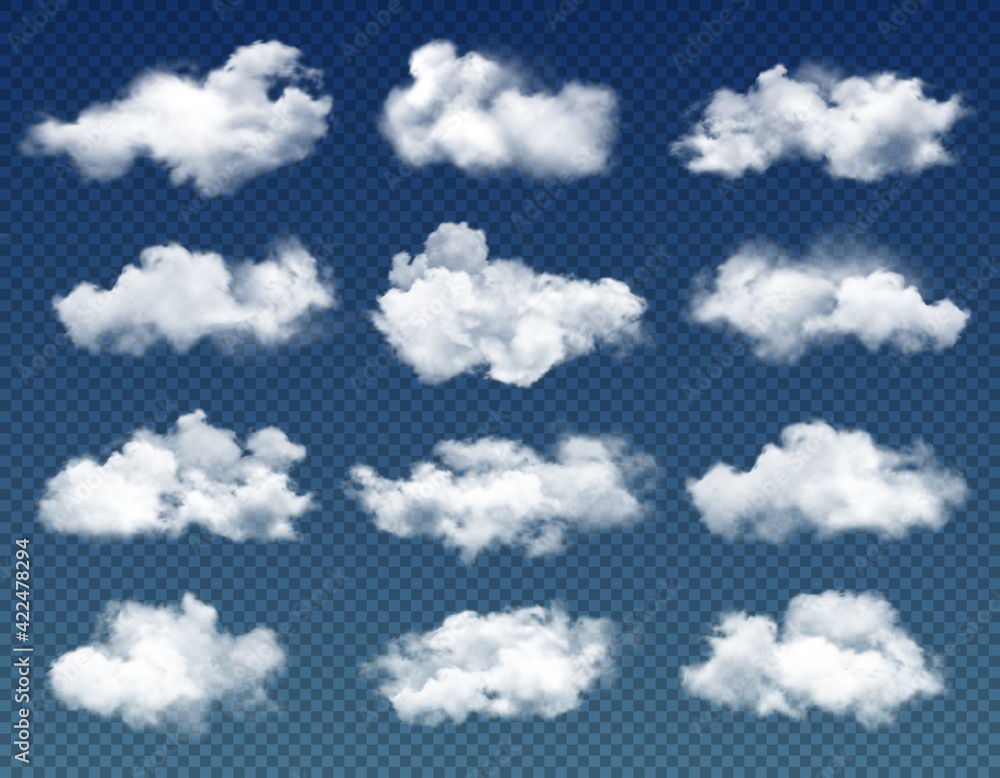 Clouds in cloudy sky realistic vector design on transparent background ...