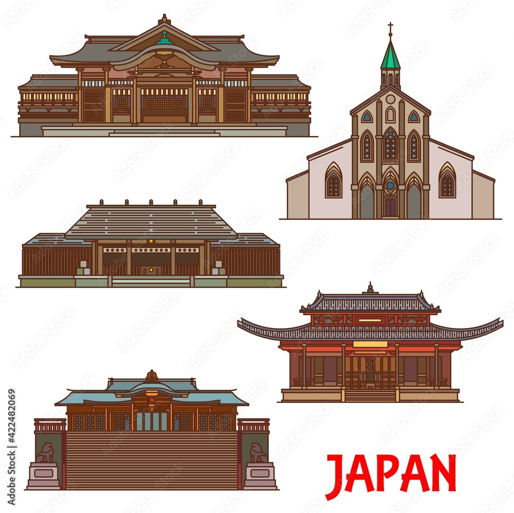 Japan architecture and landmarks, temples and pagodas, vector Japanese ...