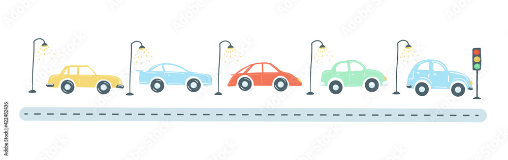 traffic jam from cars flat simple cartoon style hand drawing. vector ...