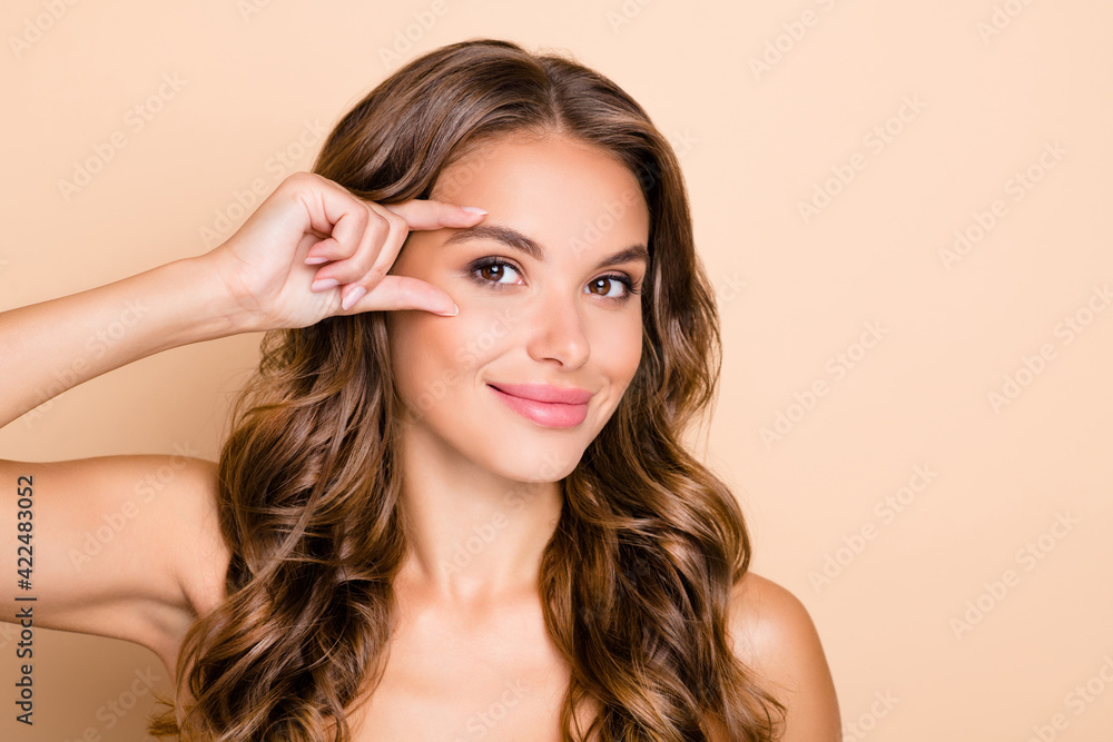 Photo of nice long hairdo optimistic lady without clothes look mirror ...