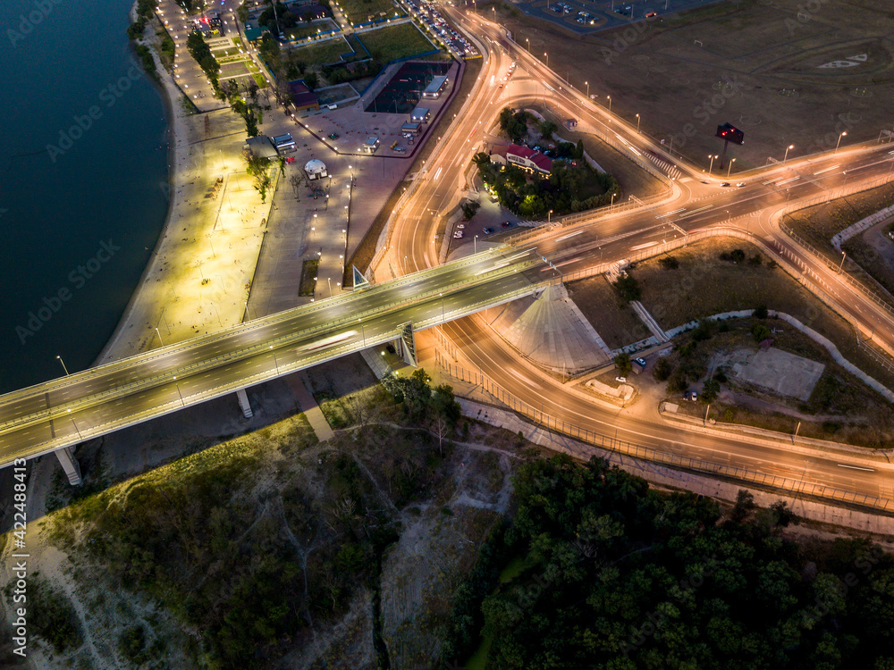 Aerial top view of junction of road shaped like a triangle. Modern ...