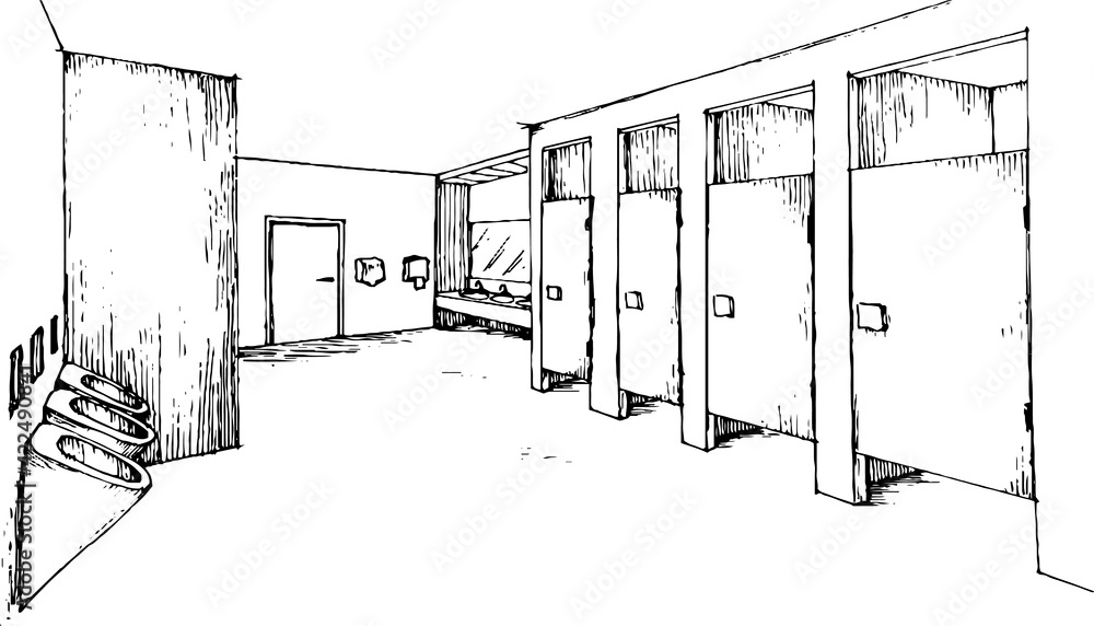 office restroom interior design concept sketch. monochromatic freehand ...