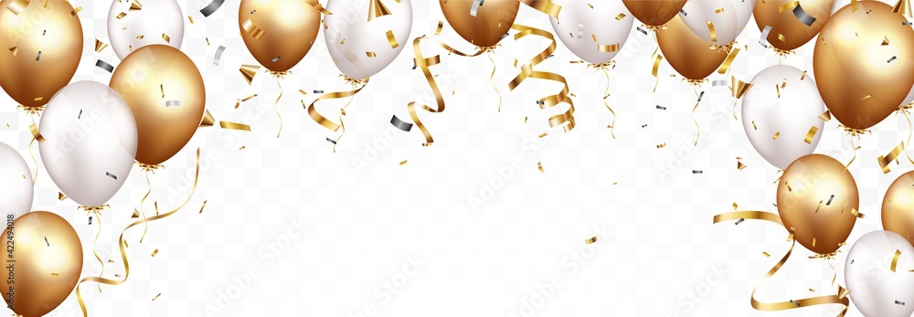 Celebration banner with gold confetti and balloons, isolated on ...