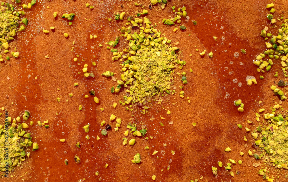 Traditional eastern dessert kunafa. Top view of arabic mixed cheese ...