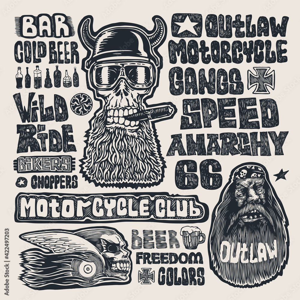 Bikers doodles set, hand drawn design elements, vector illustration ...