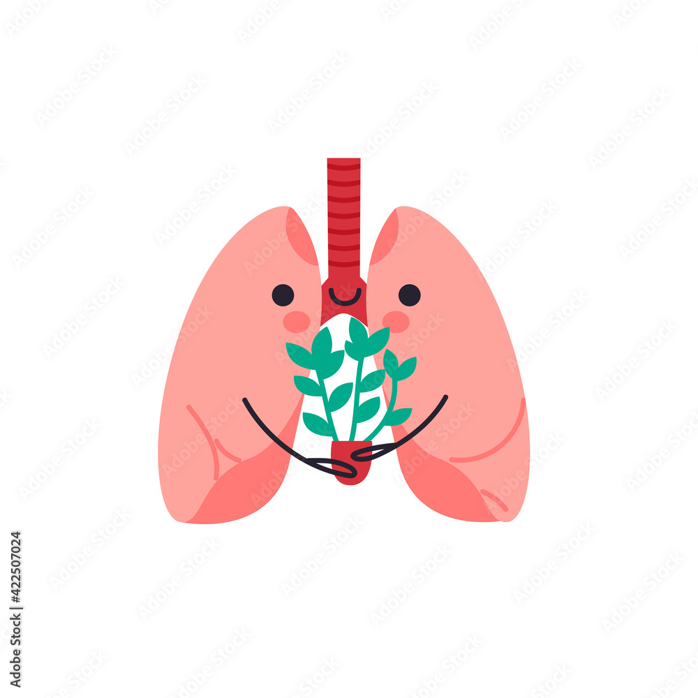 Cute lungs holding tree sapling flat cartoon illustration. Kawaii ...