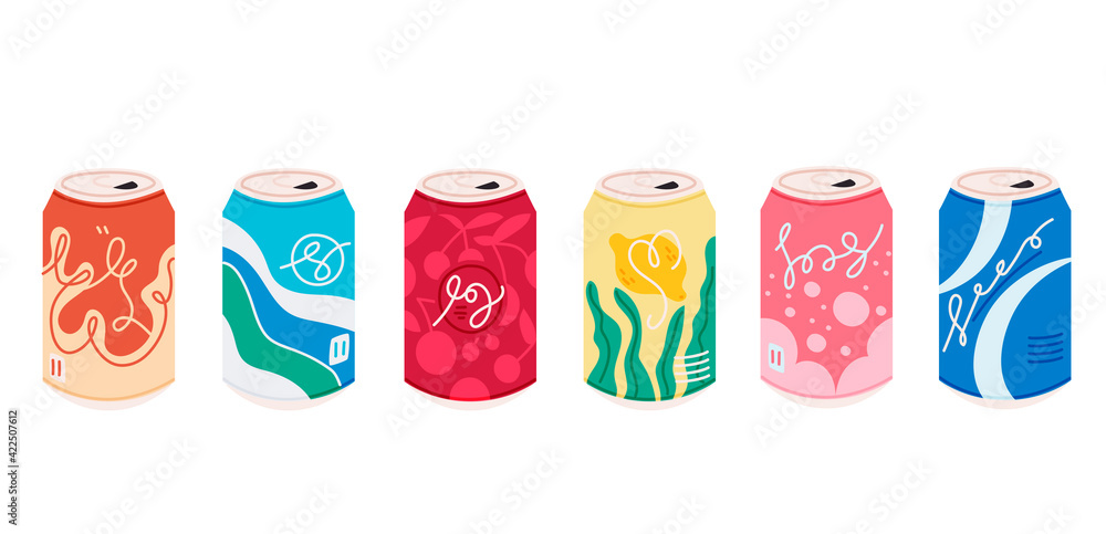 Colorful soda cans collection . Delicious summer beverages in packaging ...
