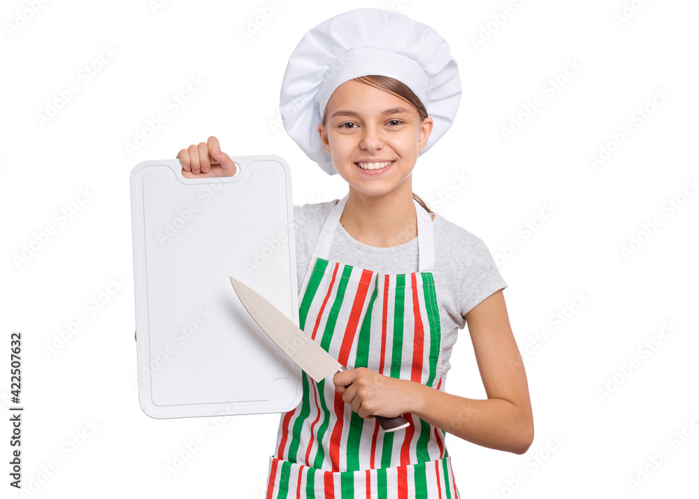 Cute girl in chef uniform isolated on white background showing menu ...