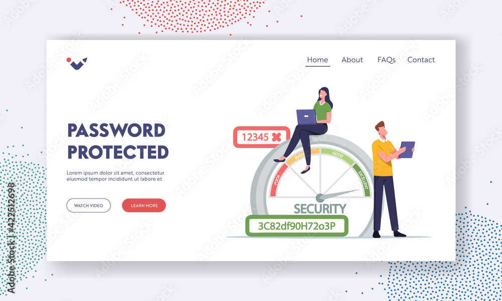 Data Protection Landing Page Template. Woman with Laptop, Man with ...