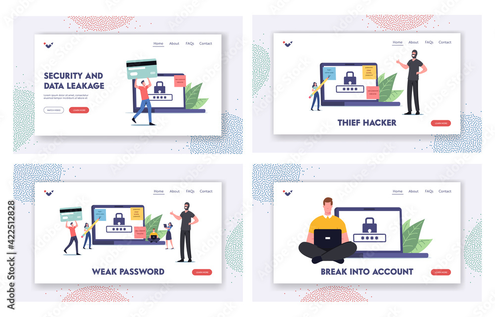 Account Protection Landing Page Template Set. Tiny Characters around Huge Laptop Work on Pc with ...