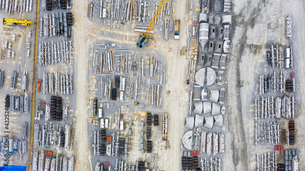 Aerial view of Heavy equipment parts in construction New industrial ...