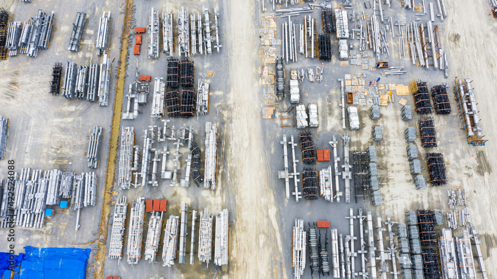 Aerial view of Heavy equipment parts in construction New industrial ...