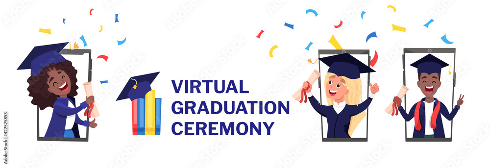 Virtual graduation ceremony 2021 banner. Online video call conference ...