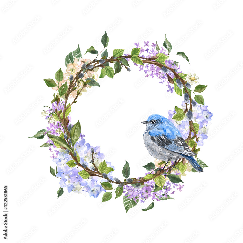 Watercolor floral wreath with spring flowers and adorable blue bird ...