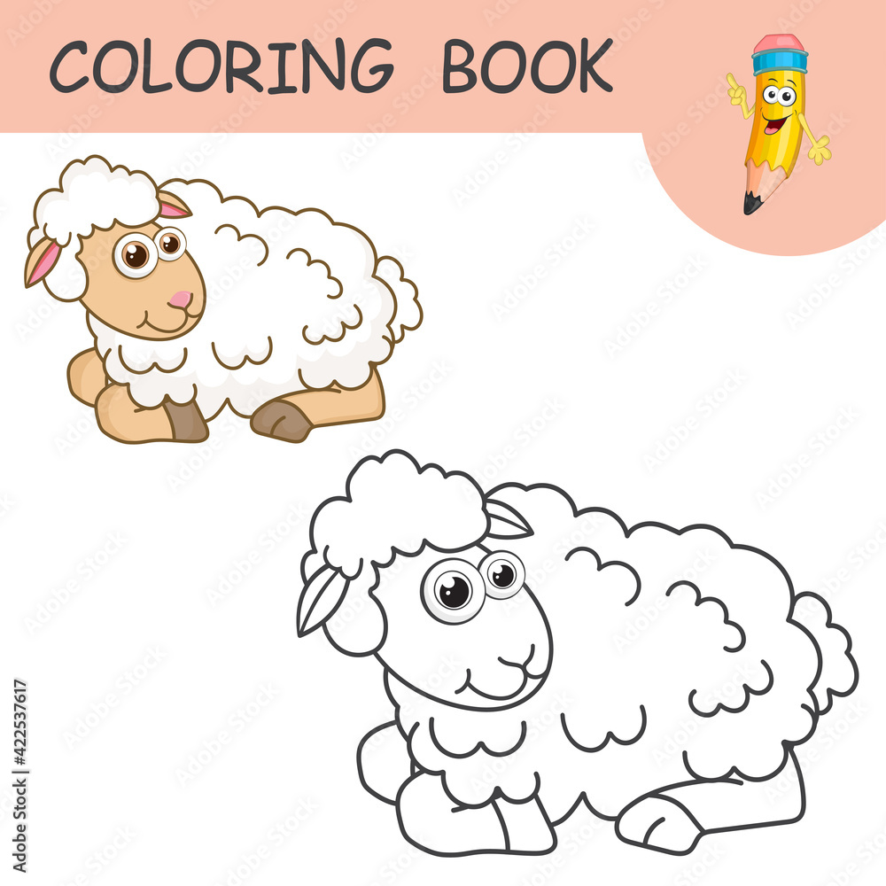 Coloring book with fun character Lamb. Colorless and color samples ...