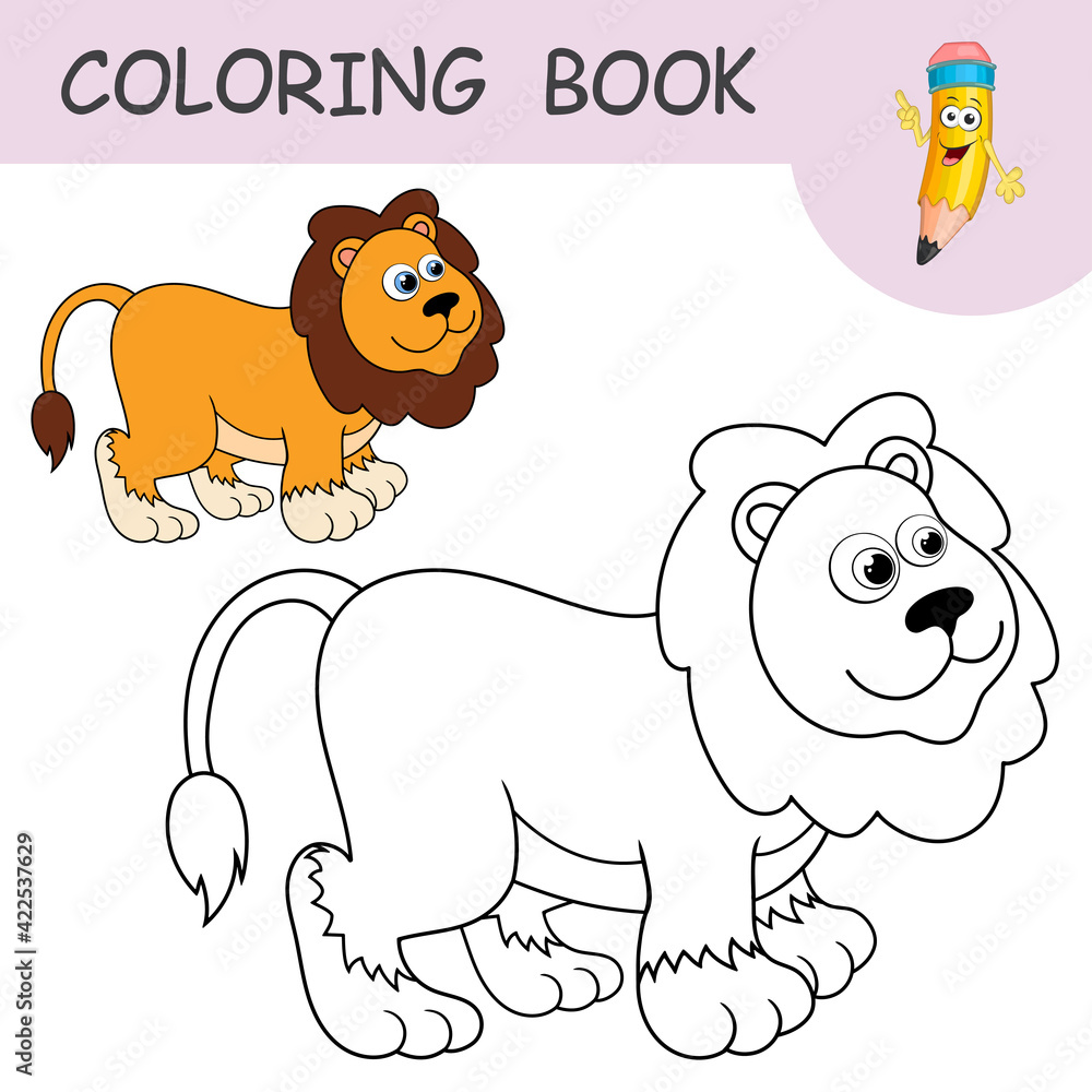 Coloring book with fun character Lion. Colorless and color samples wild ...