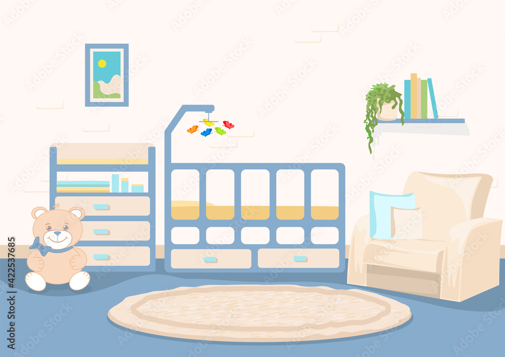 Vector illustration of an interior of a nursery for a newborn with a ...