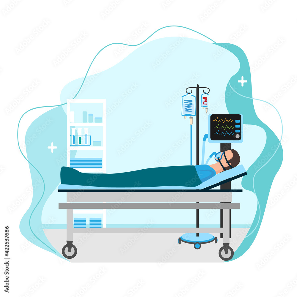 Vector illustration of a sick person lies in intensive care with a ...
