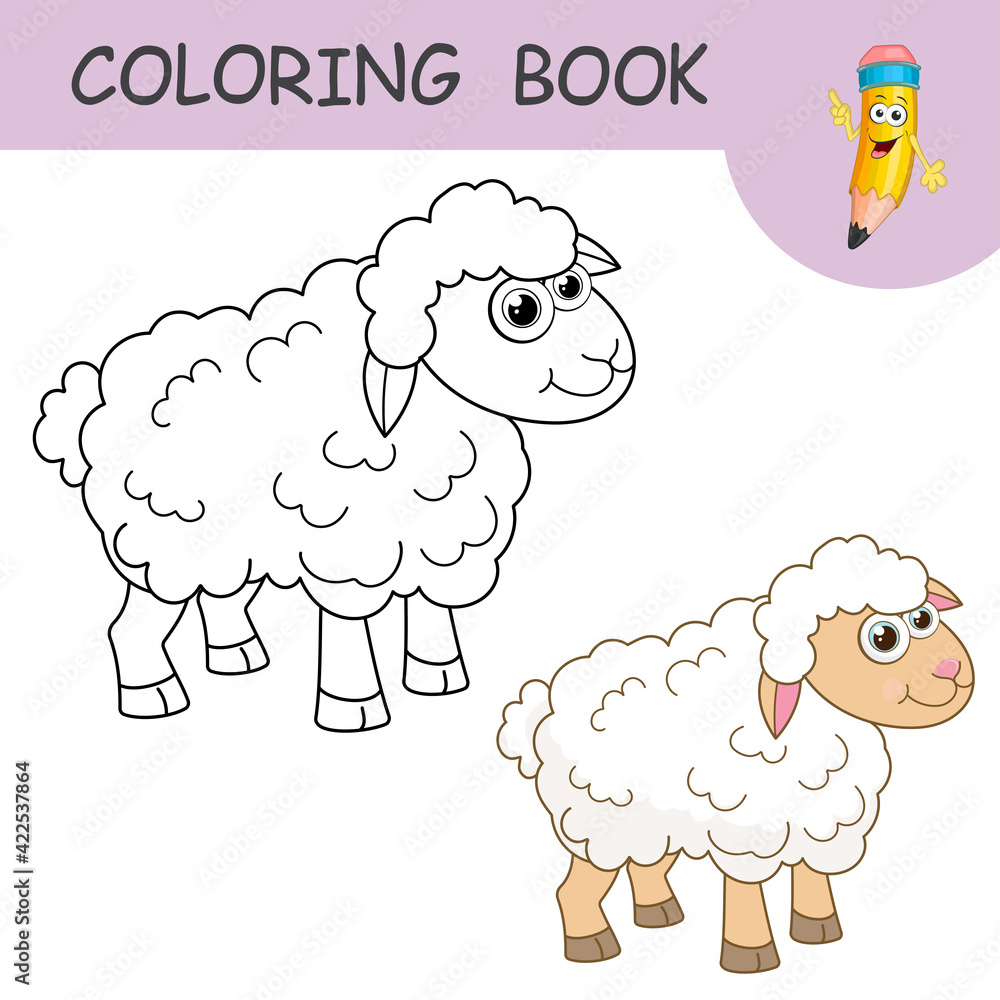 Coloring book with fun character Sheep. Colorless and color samples ...