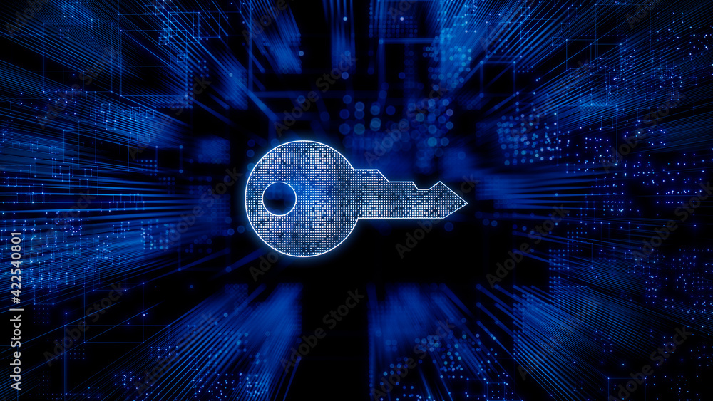 Security Technology Concept with key symbol against a Futuristic, Blue ...