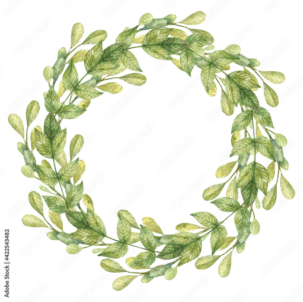 Watercolor illustration of a green leafy wreath. Garden and forest ...