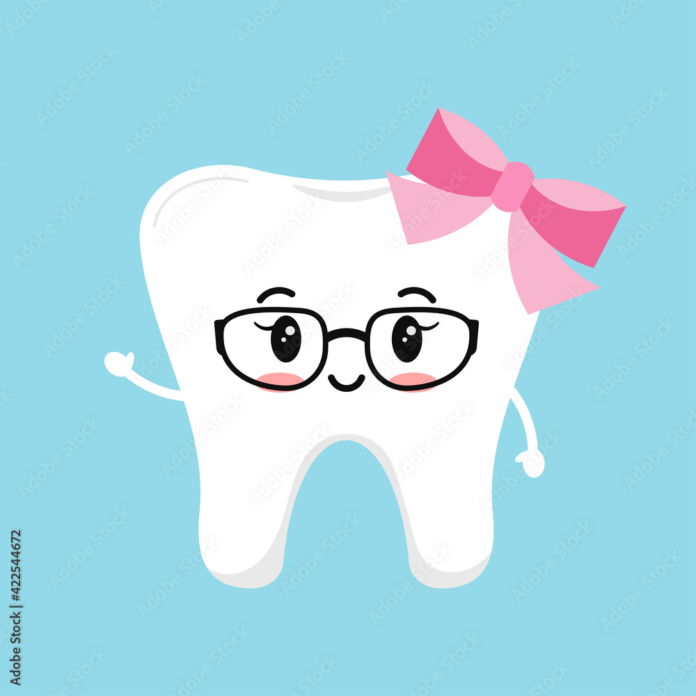 Cute tooth girl in glasses with pink bow and hands. Vector illustration ...