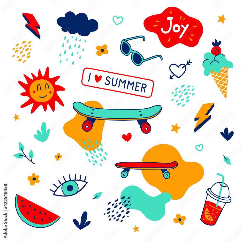 Summer illustrations set. Funny trendy doodles. Hand-drawn skateboard ...