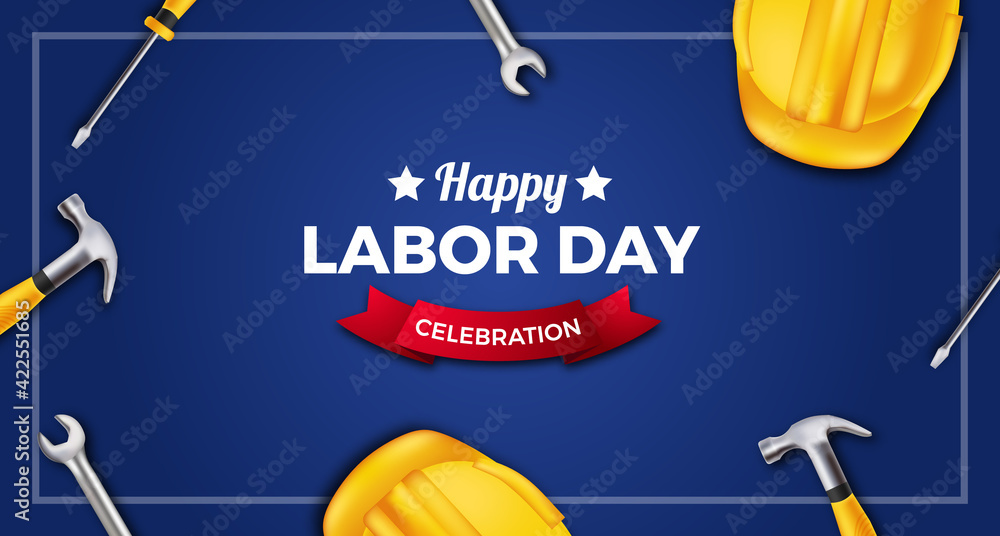 Happy labor day celebration poster banner with 3d yellow safety helmet ...