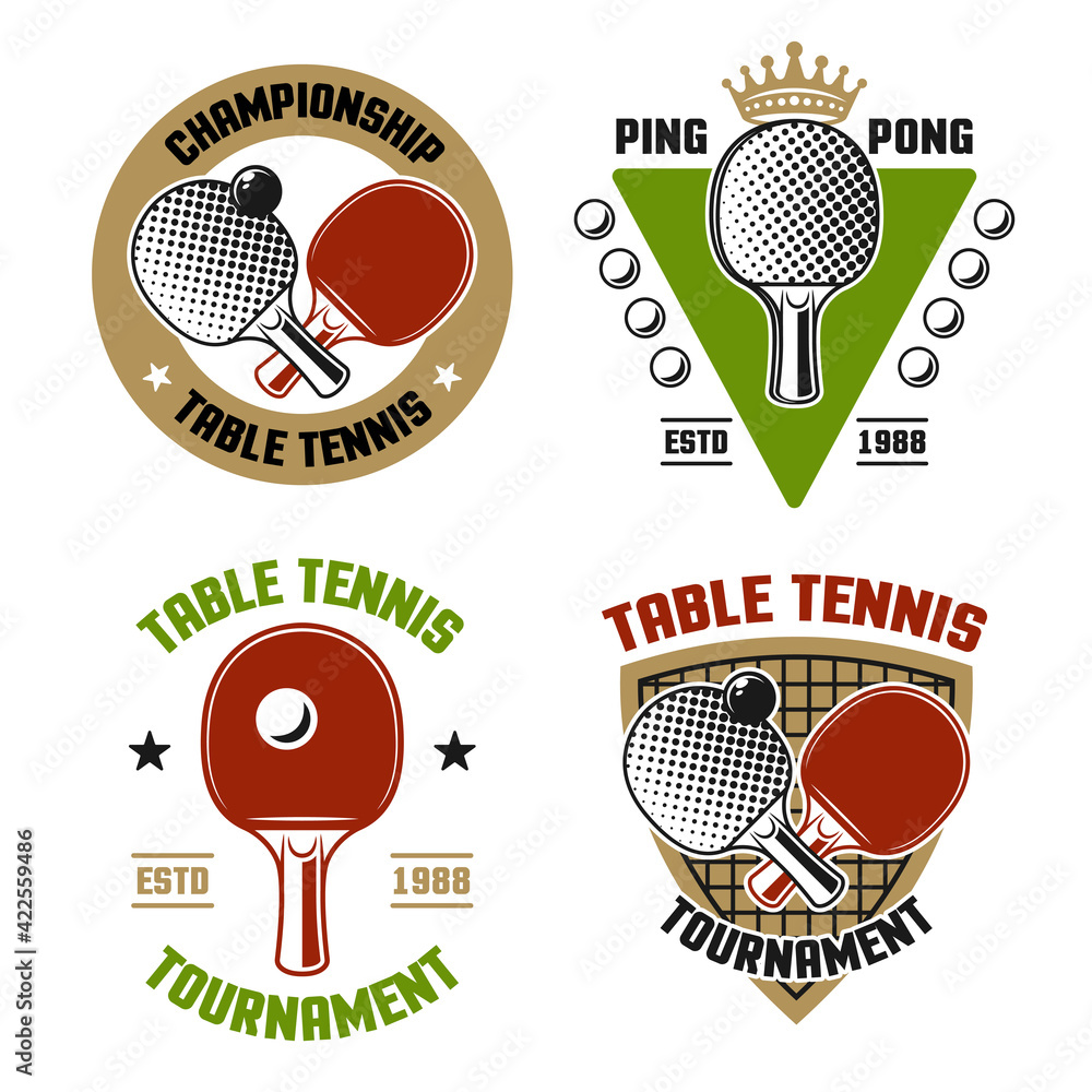 Ping pong or table tennis set of four vector colored emblems, labels ...