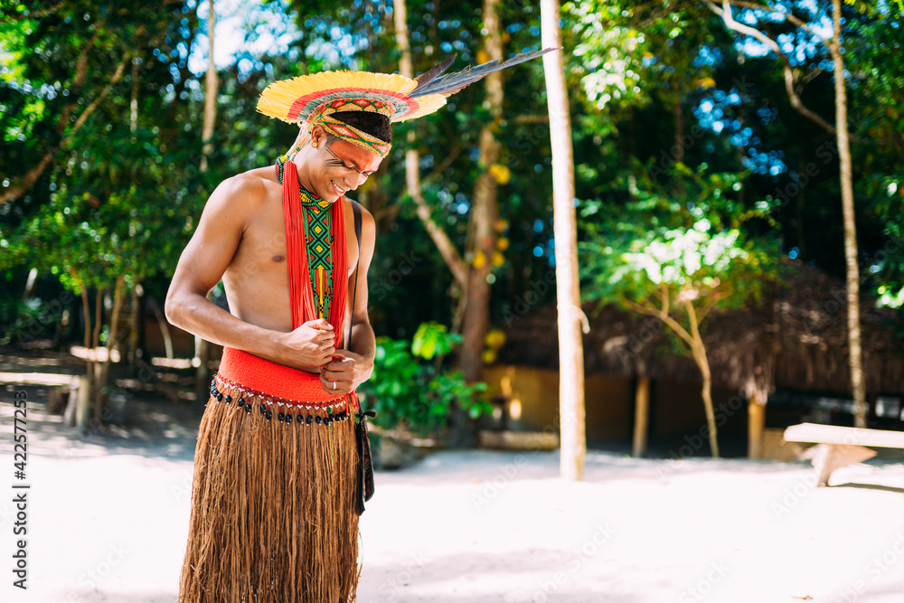 Indian from the Pataxó tribe with feathered headdress looking down and ...