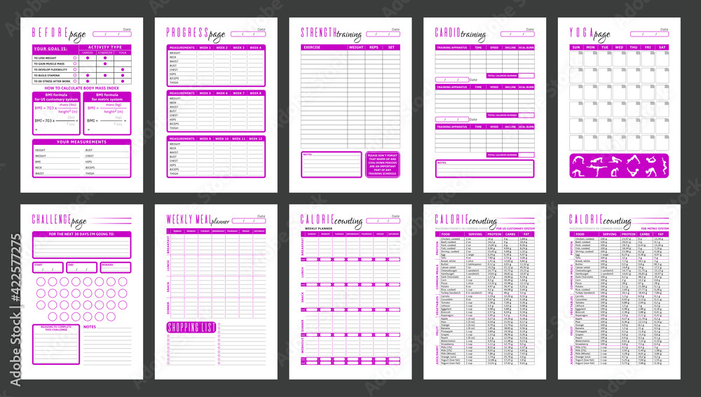 Vector fitness planner page templates. Strength training, cardio and ...
