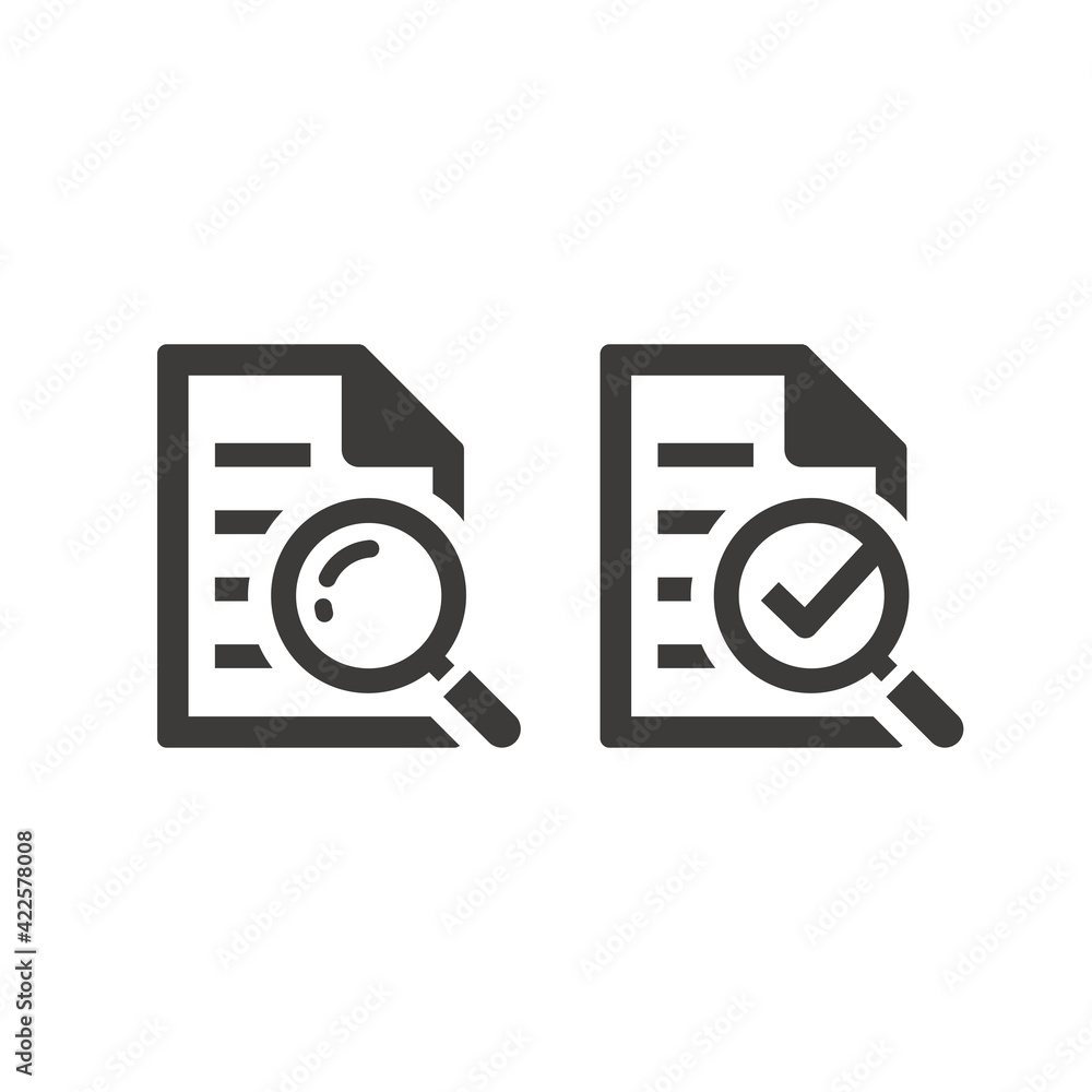 Document with magnifier and checkmark icon. Manual, instruction and ...