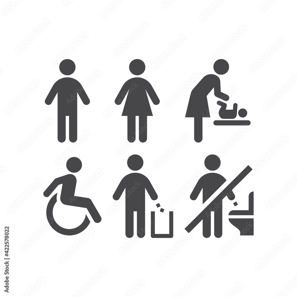 Wc or toilet black vector icon set. Men, women, ladies and gentlemen ...