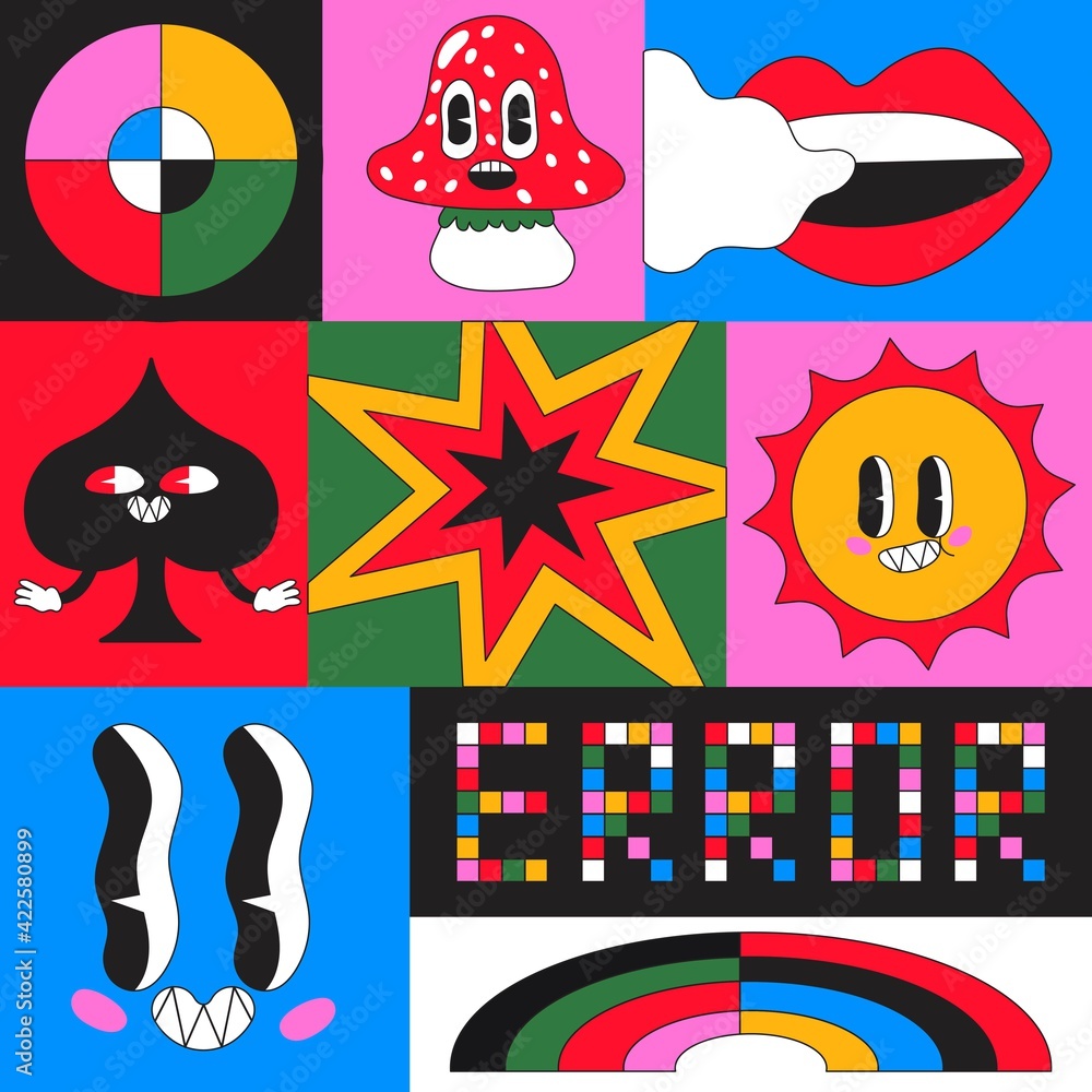 Seamless pattern with crazy comic faces and colorful geometric shapes ...