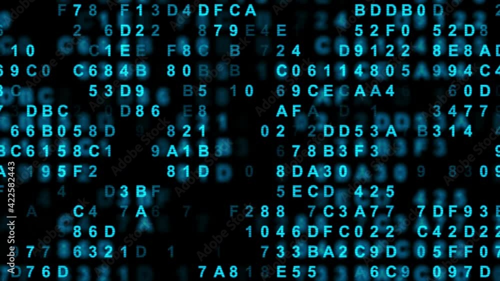 Hexadecimal big data digital code running through black and blue ...