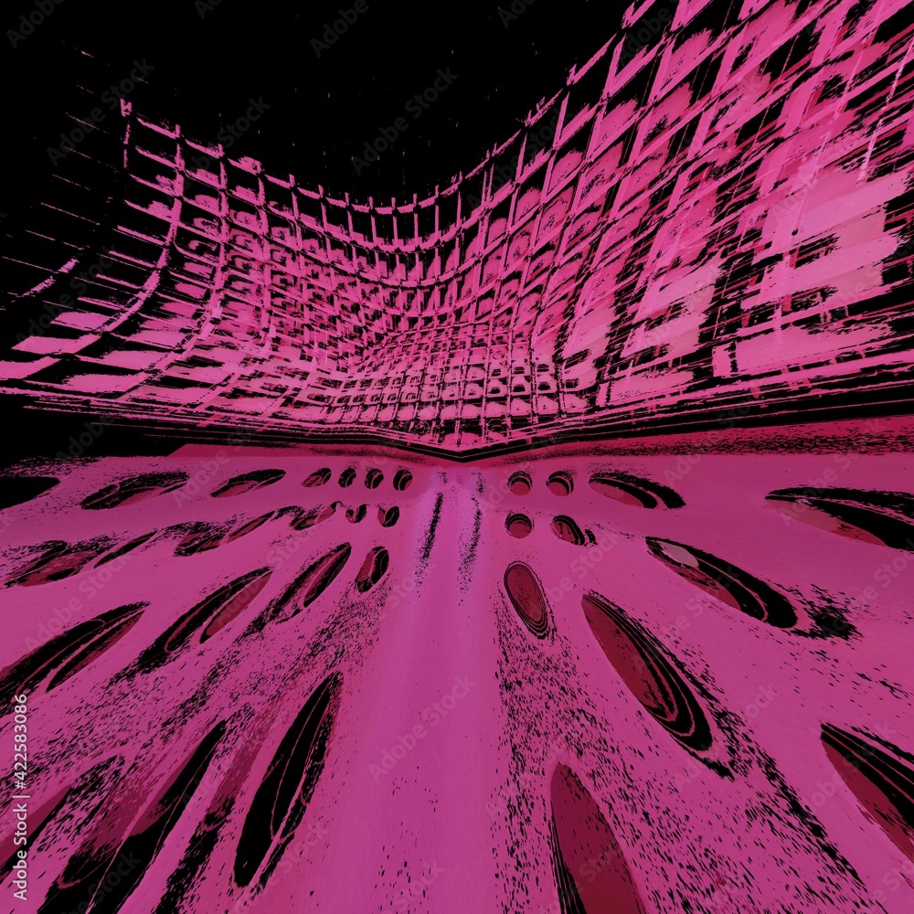 3D exploding surface view of a bright pink plastic chair with many ...