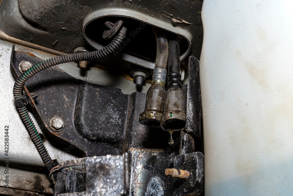 Fuel line connections coming from the bottom of the engine compartment ...