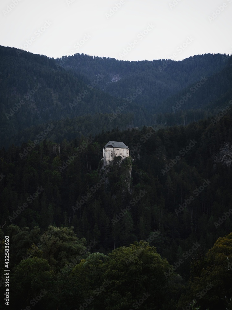 Aerial panorama of idyllic medieval historic stone rock hill cliff edge ...