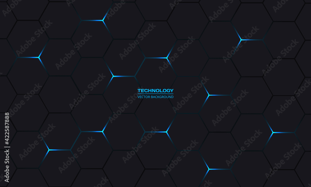 Dark hexagonal technology vector abstract background. Blue bright ...