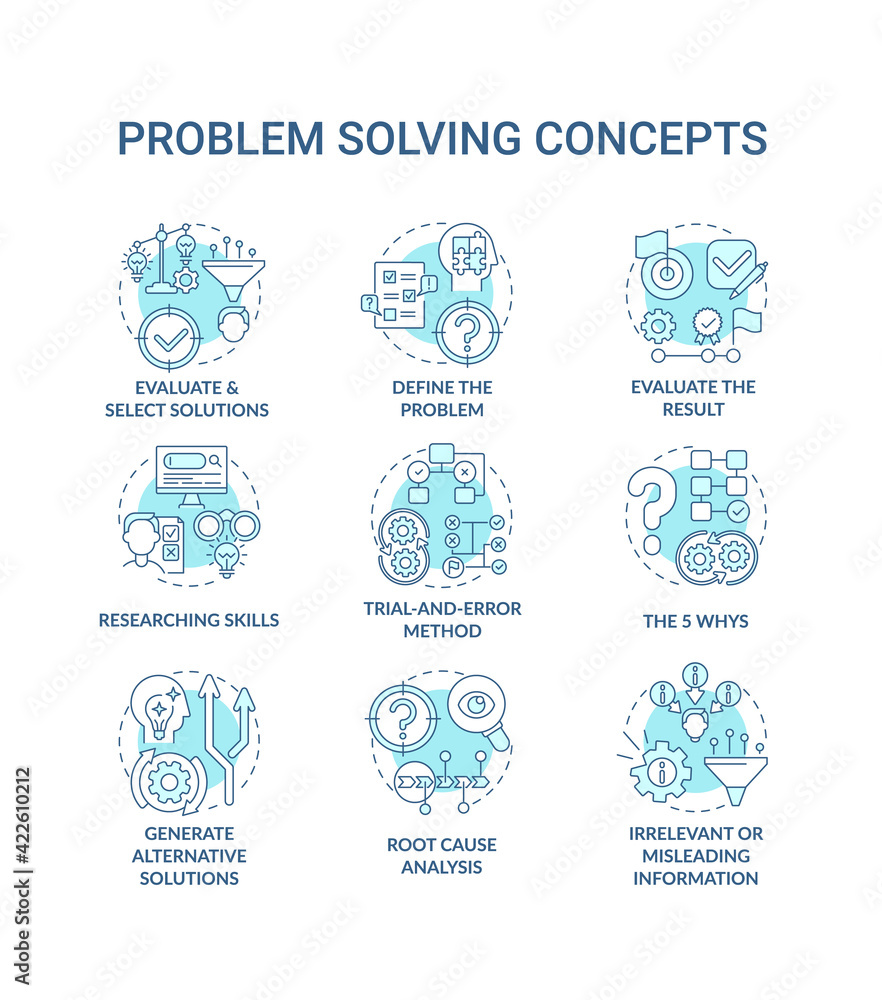 Problem solving blue concept icons set. Evaluate and select solution ...