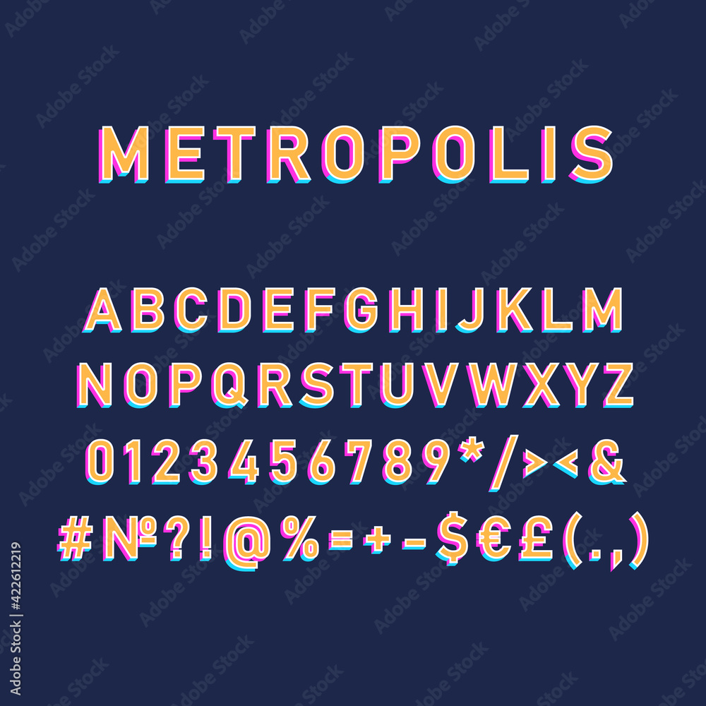 Metropolis vintage 3d vector alphabet set. Retro bold font, typeface ...