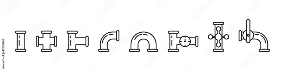 Set of icons of pipes, valves, taps, pipe connectors isolated on white ...