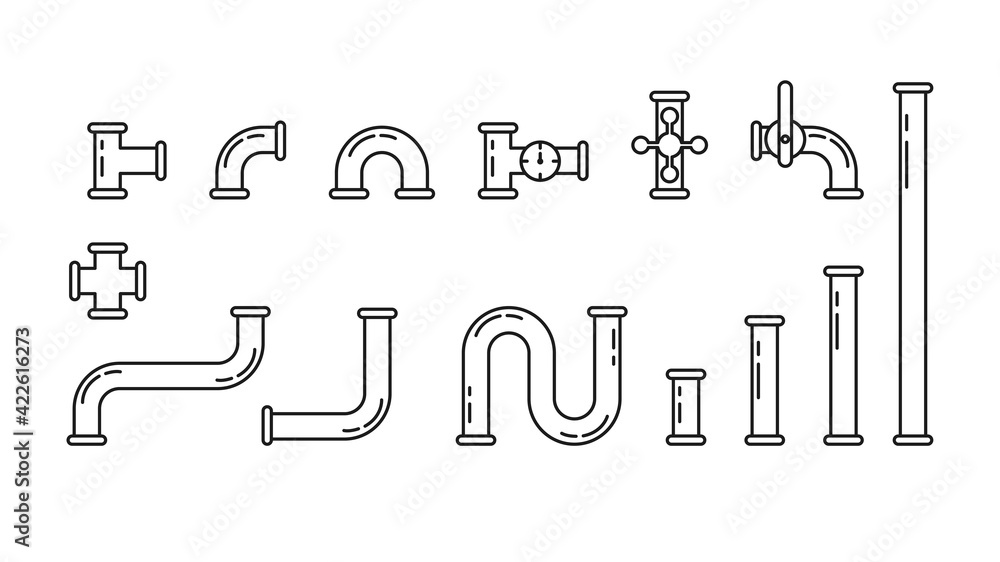 Set of icons of pipes, valves, taps, pipe connectors isolated on white ...