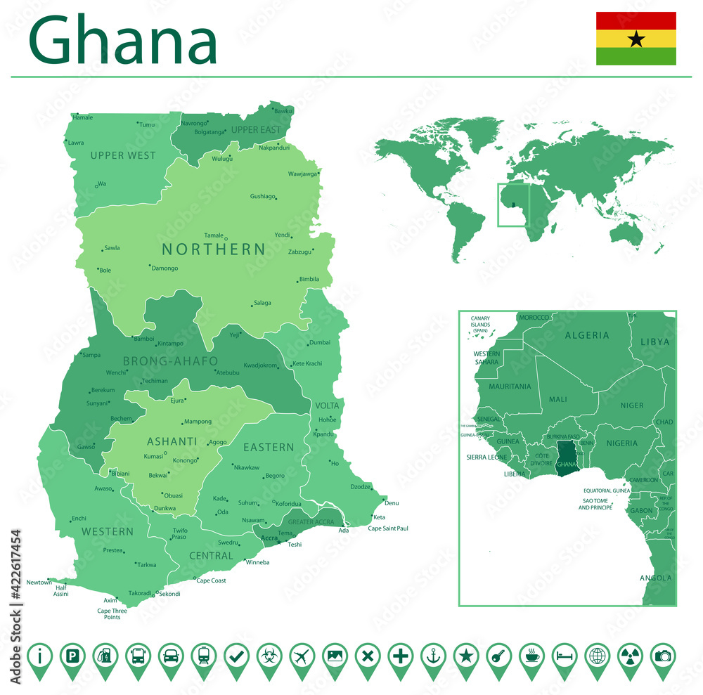 Ghana detailed map and flag. Ghana on world map. Stock Vector | Adobe Stock